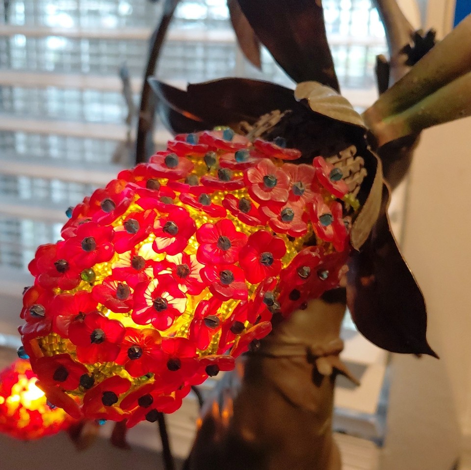 Aug. Moreau Nebuleuse Bronze Metal Table Lamp w/ Red Glass Flower ...