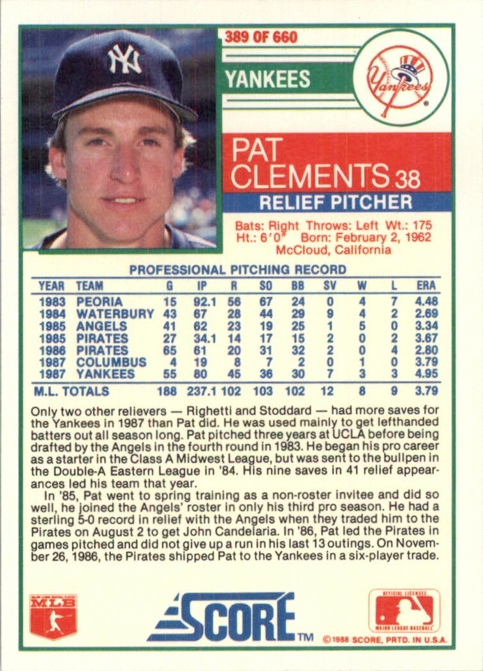 1988 Score MLB Pat Clements #389 | eBay