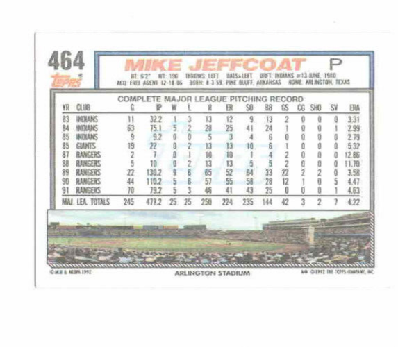 Mike Jeffcoat Rangers Pitcher #464 Topps 1992 Baseball Card | eBay