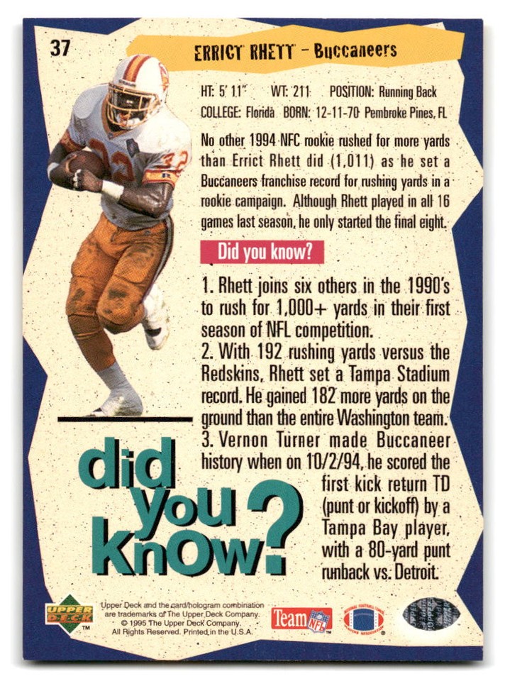 Errict Rhett 1995 Collector's Choice #37 Tampa Bay Buccaneers FOOTBALL ...