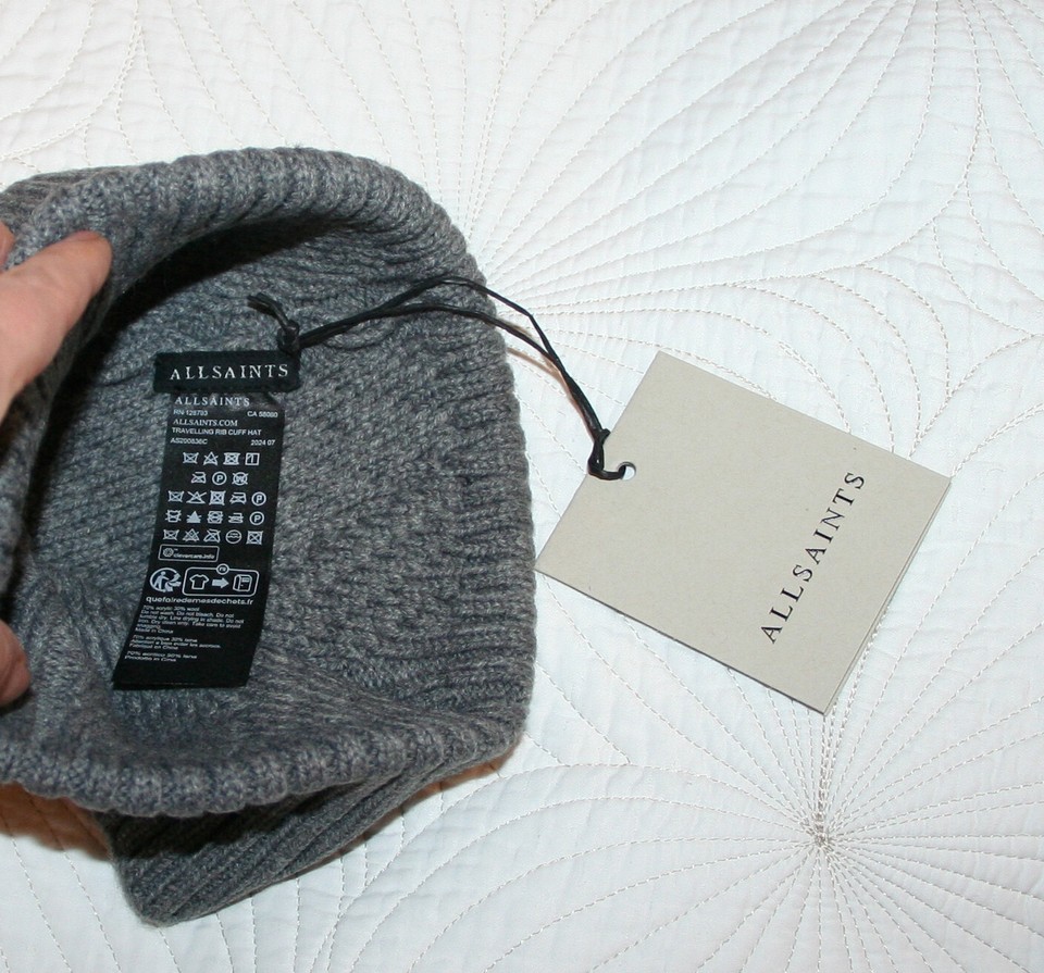 $58 NEW Allsaints Grey Travelling Rib Cuff Beanie Hat Logo Patch One ...