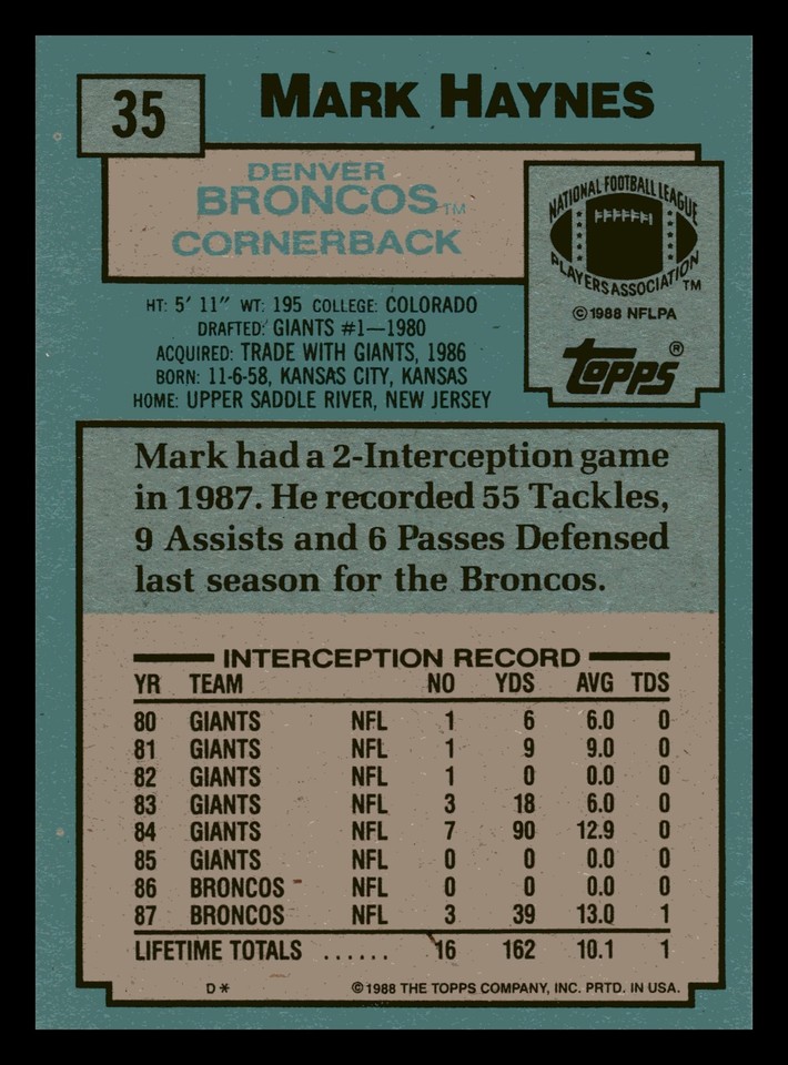 1988 Topps Mark Haynes #35 Denver Broncos Mint | eBay