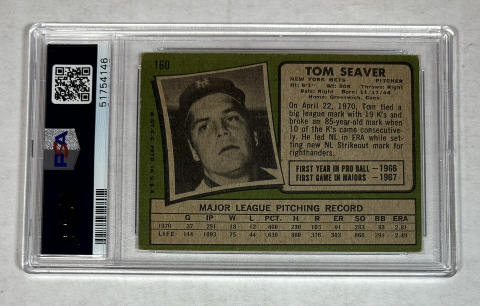 1971 Topps HOF TOM SEAVER PSA Signed Auto Baseball Card #160 NY METS EX ...