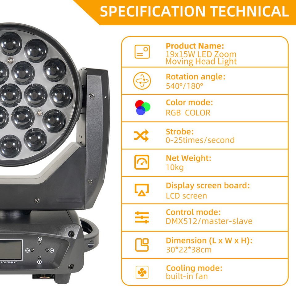 2PCS 19X15W Zoom Wash Beam Light with Flight Case RGBW Moving Head ...