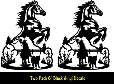 Horse Cowboy Roping Scene Two Pack 6" Black Vinyl Decal Car Window ...