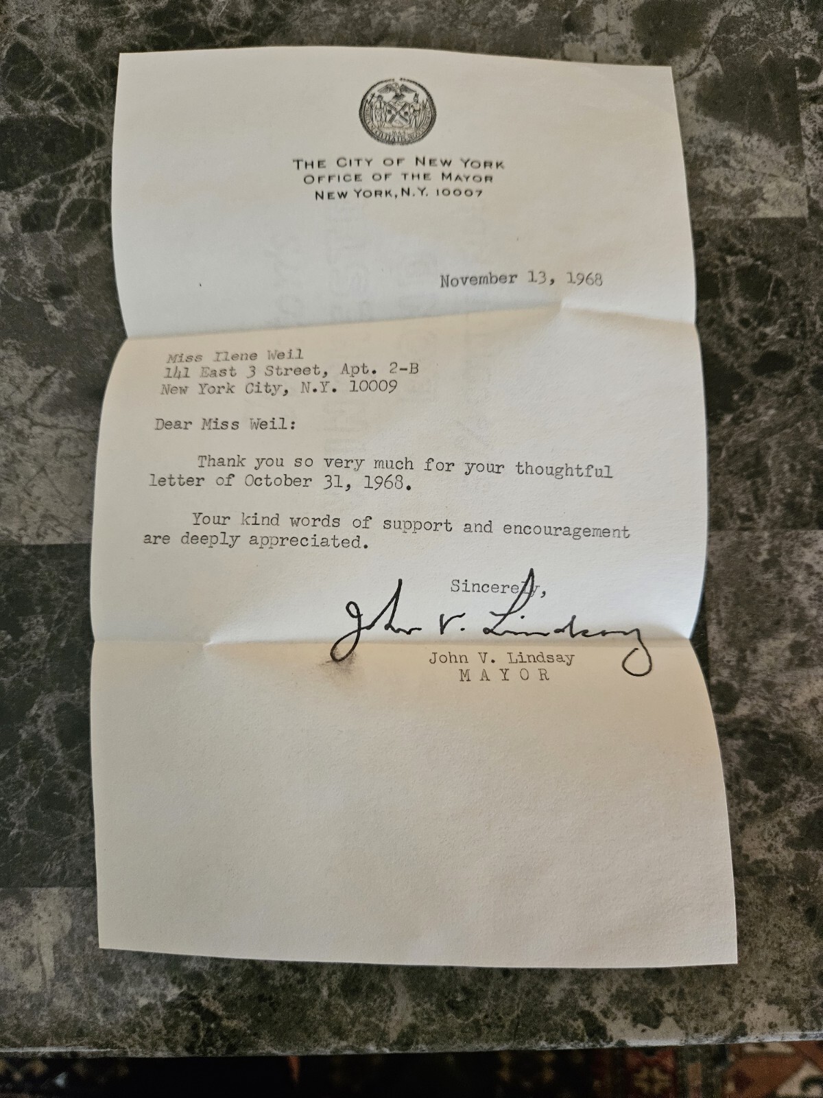 John V. Lindsay Signed Letter Autographed New York Mayor Letterhead ...