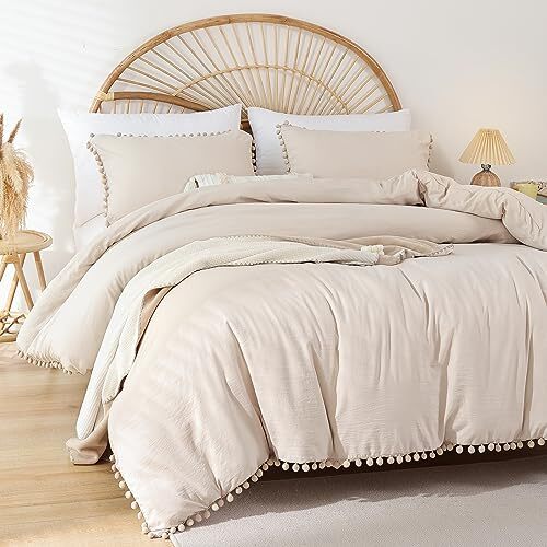 Ball Pom Fringe Comforter Set 3pcs, Boho Aesthetic Luxurious Queen ...