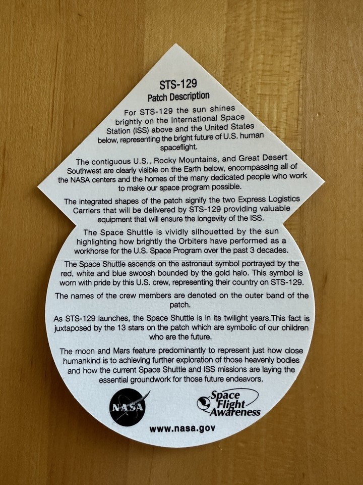 Authentic NASA Space Shuttle STS-129 Mission Patch Sticker NOT A ...