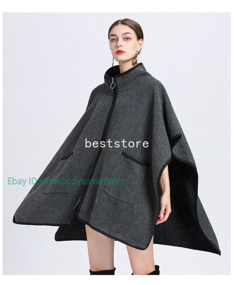 Zipper Women's Cape Oversized Cloak Faux Woolen Stand Collar Coat ...