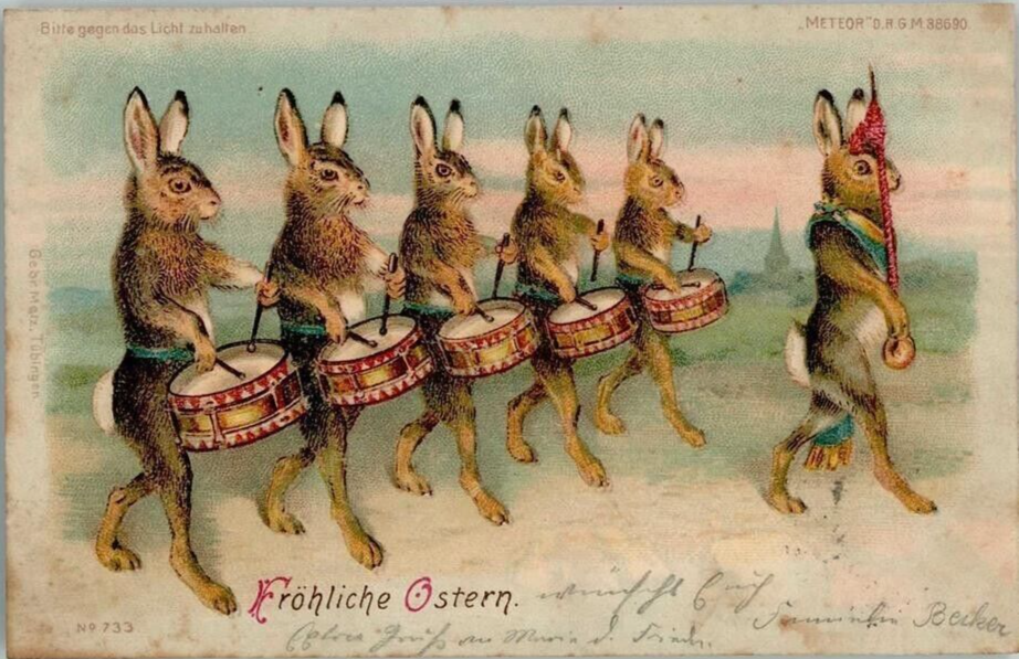 Vintage Very Early Postcard, Large Easter Rabbits the drummer's band ...