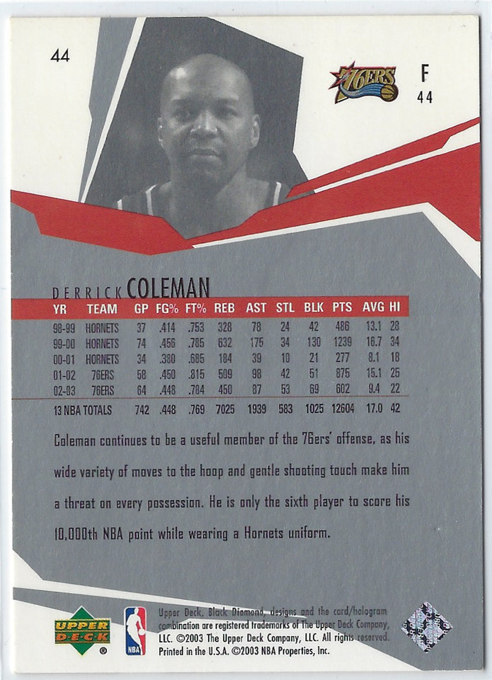 2003-04 UPPER DECK BLACK DIAMOND Derrick Coleman Philadelphia 76ers EX ...