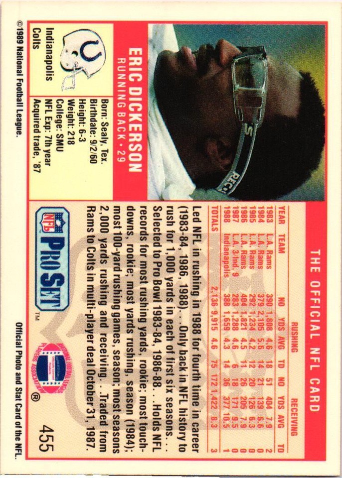 1989 Pro Set 455 Eric Dickerson Indianapolis Colts | eBay