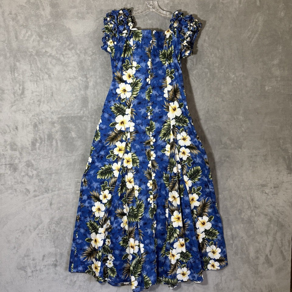 NWT KY’S Vintage Hawaiian Mumu Dress L Blue Hibiscus Floral Ruffle ...