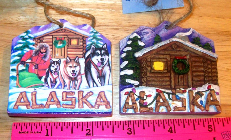 Alaska Souvenir 3D Ornament Log Cabin scene And Dog Musher 2 sided ...