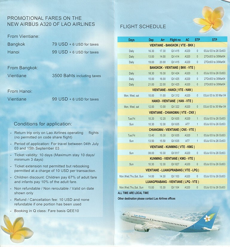 Lao Airlines timetable 2003/07/03 | eBay