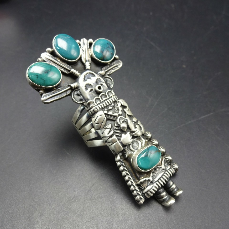 Huge 3.25" Long TOADLENA NAVAJO Sterling Silver TURQUOISE KACHINA RING ...