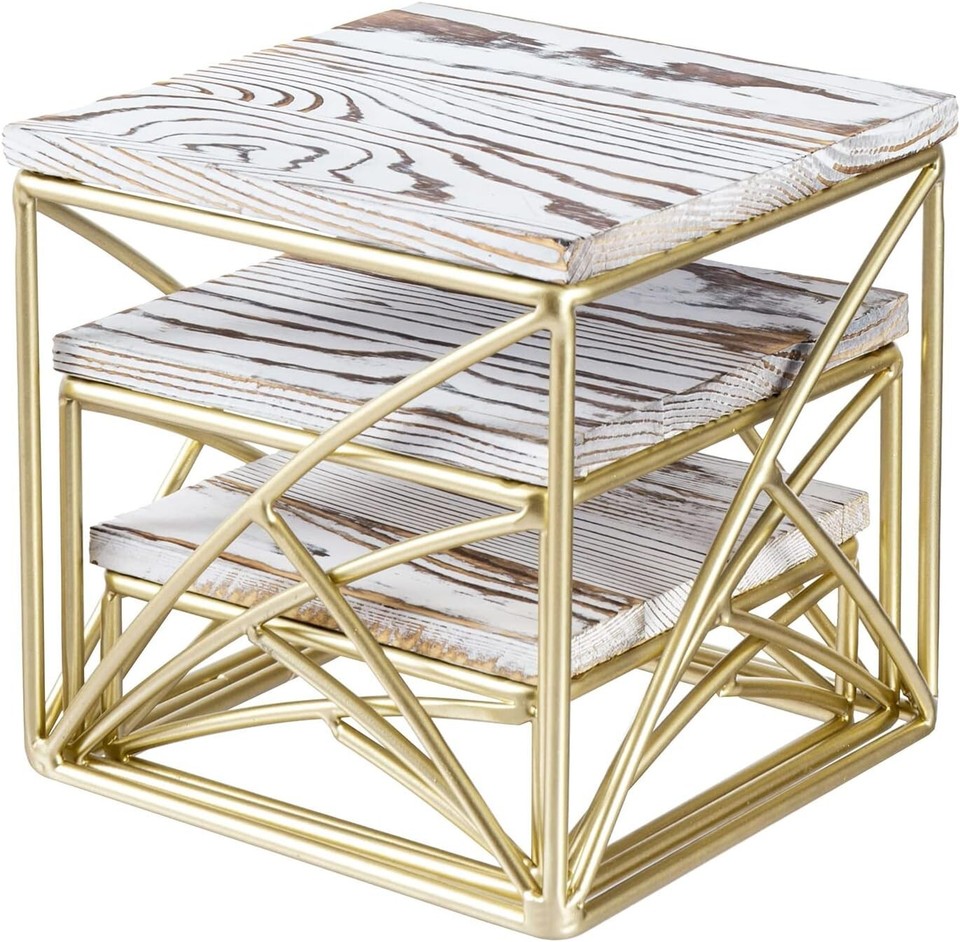 Whitewashed Wood & Geometric Brass Metal Wire Dessert Display Risers ...