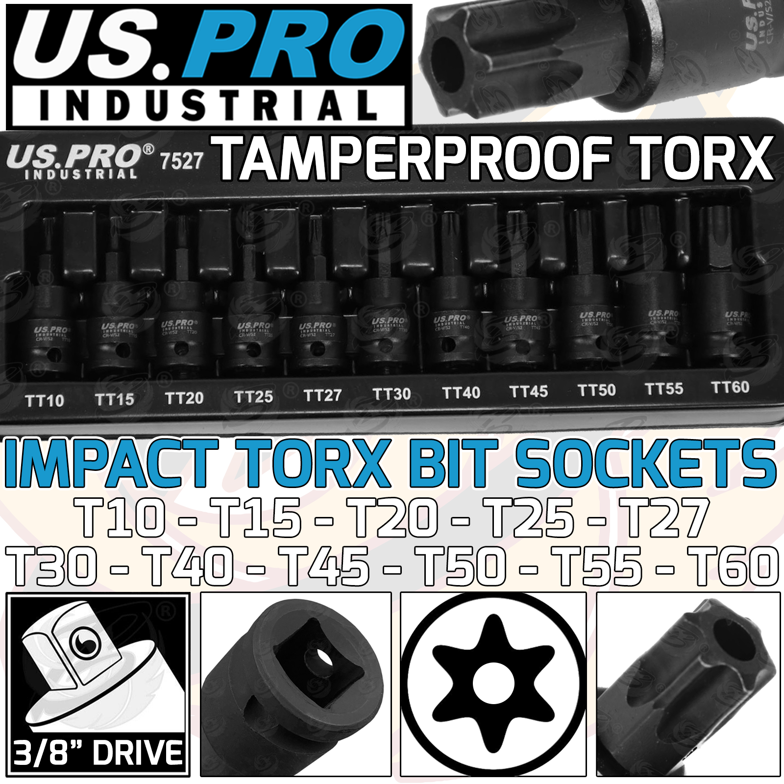 US PRO IMPACT TAMPERPROOF TORX BIT Sockets Set 3/8" Drive Impact Star ...