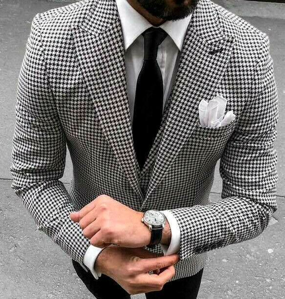 Designer Black White Houndstooth Men's Suit Jacket Vest Pants Slim Fit ...
