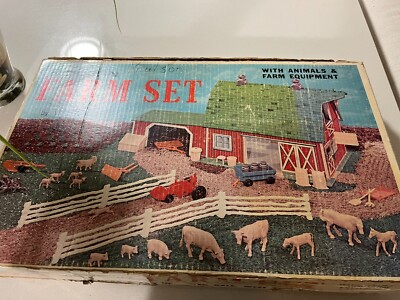 Vtg Marx Modern Tin Farm Set Barn Animals Tractor Farm Equipment #3931 ...