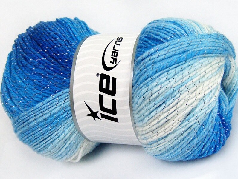 Ice MAGIC GLITZ Yarn #61100 BLUE SHADES WHITE Self Striping METALLIC DK ...