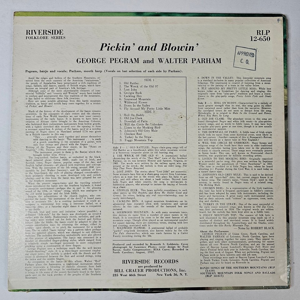 George Pegram & Walter Parham - Pickin' and Blowin' 12" Record 1957 ...