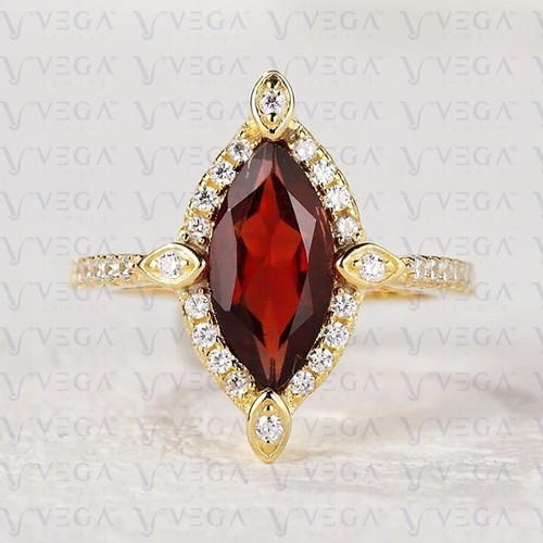 2.98ct Marquise Shape Red Natural Garnet Gemstones Diamond Ring 14K ...