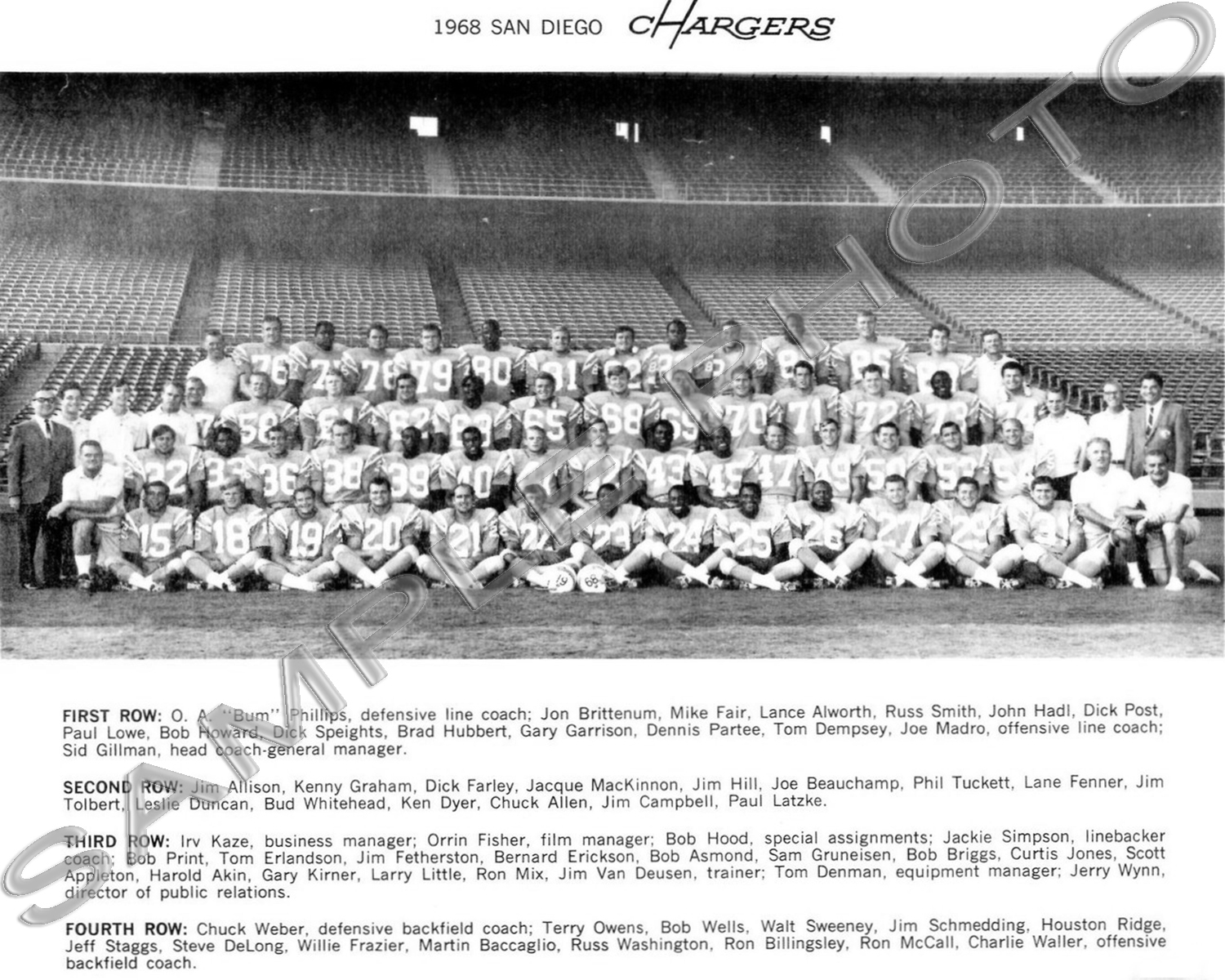 1968 SAN DIEGO CHARGERS AFL 8X10 TEAM PHOTO JOHN HADL ALWORTH DICKIE ...