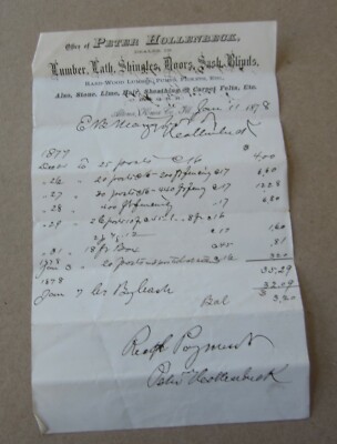 Old 1878 - PETER HOLLENBECK - Lumber - Billhead Document - ALTONA ...