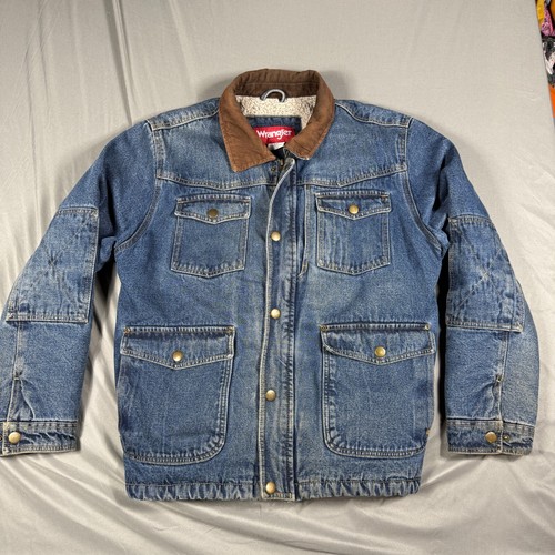 Wrangler Trucker Jacket Men L Blue Denim Sherpa Lined Corduroy Collar ...