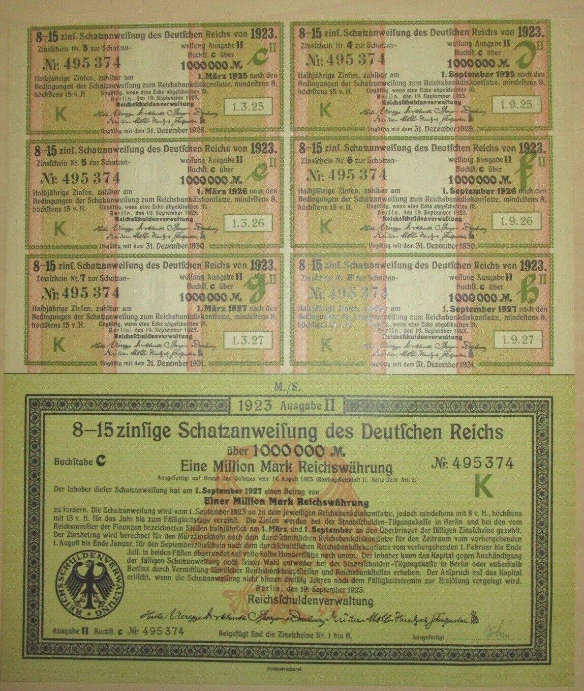 GERMANY German 8-15% Treasury Bond 1,000,000 Marks 1923 UNCANCELLED ...
