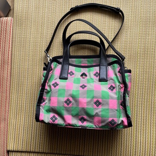 m818 Kate Spade 2Way Checkered Tote Crossbody Bag Green Pink New ...