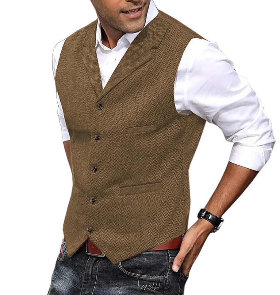 Mens Tweed Wool Vest Western Retro Cowboy Herringbone Vests M Large XL ...