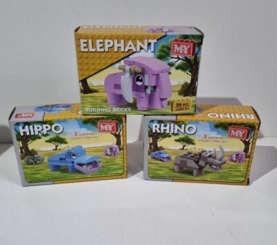 3 X Wild Animals Building Blocks, Hippo, Rhino, Elephant New | eBay UK