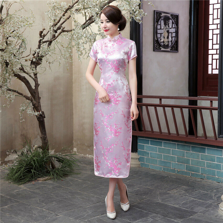 Chinese Traditional Long Cheongsam Women Silk Satin Dress Hanfu Qipao ...