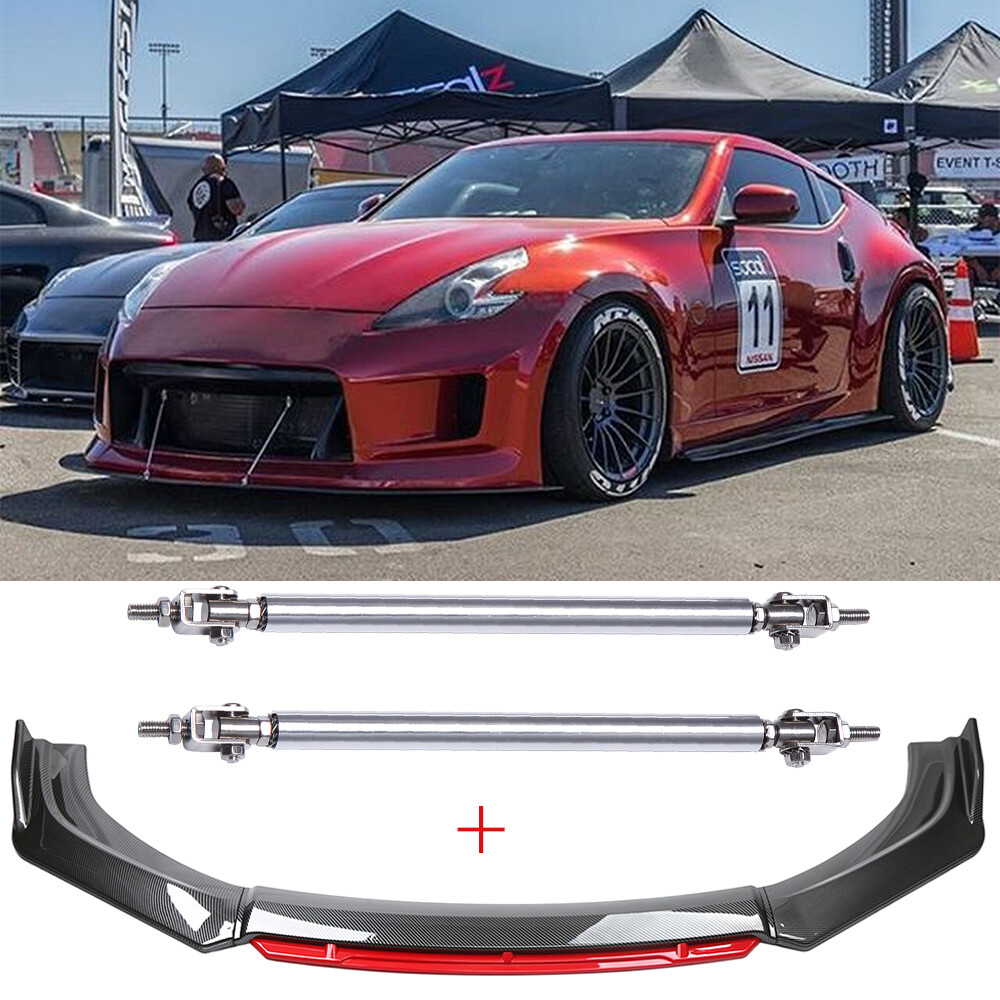 For Nissan 370Z 350Z Front Bumper Splitter Lip Red Carbon Fiber + Strut ...
