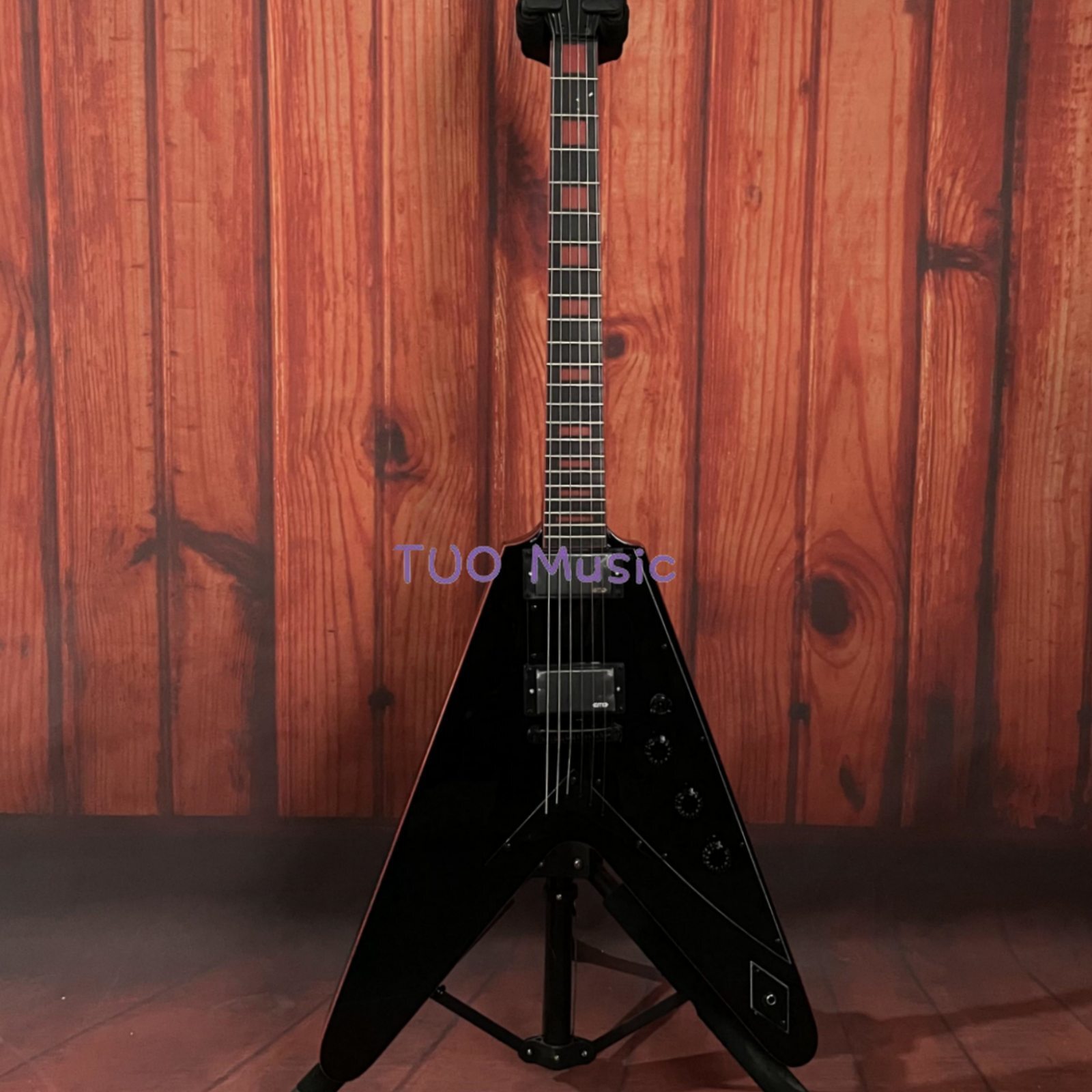 Black Flying V Electric Guitar HH Pickups String Thru Body Red Inlay ...