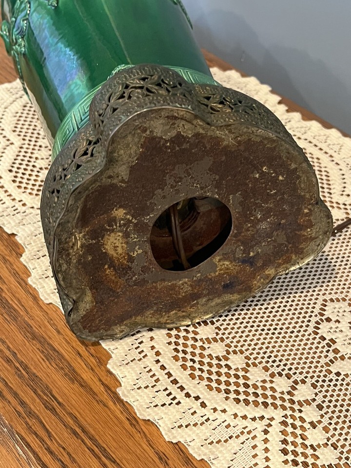 Antique Exceptional Green Japanese Awaji Table Lamp on Bronze Base | eBay