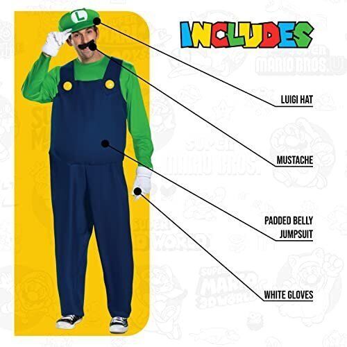 Disguise Men's Luigi Deluxe Adult Costume, Green, XL … - Gem