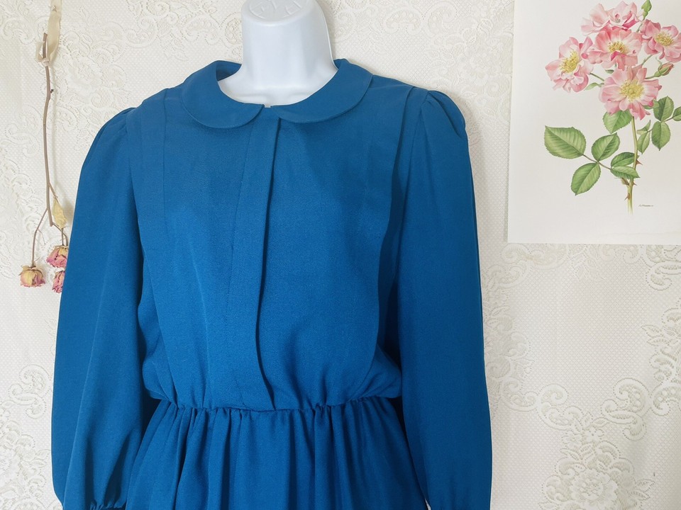 vtg Teal Blue Secretary Dress SABINO sz 14 Peter Pan Collar Modest 80s ...