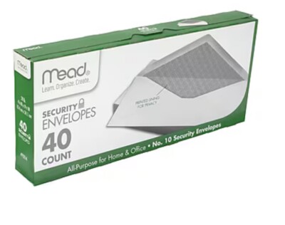 Mead #10 Envelopes, Security Printed Lining for Privacy, Gummed Closure ...