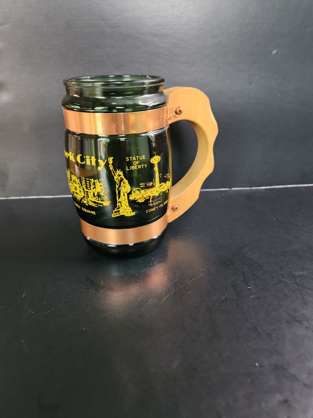 Siesta Ware Mug New York City Souvenir Green Glass Wood Handled Copper ...