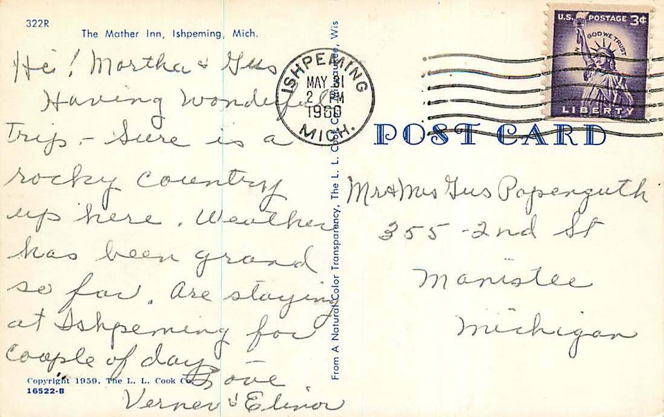 Postcard The Mather Inn, Ishpeming, Michigan - 1957 Chevy Station Wagon ...