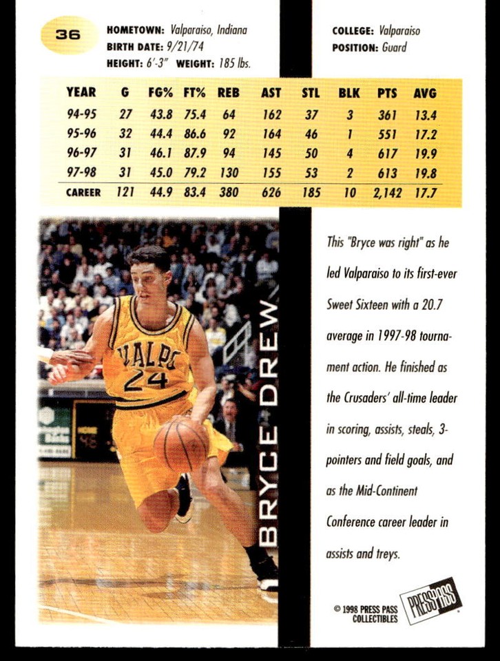 1998 Press Pass 36 Bryce Drew Valparaiso Crusaders Basketball Card | eBay