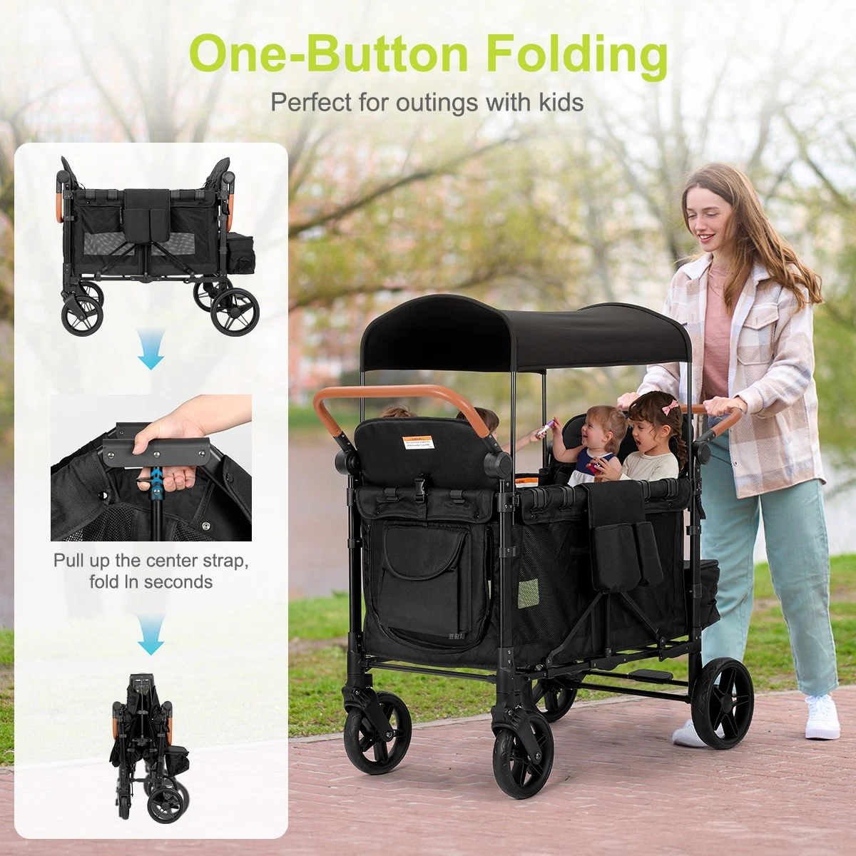 4 Seater Stroller Wagon Push Pull Quad Collapsible for 4 Kids Removable ...