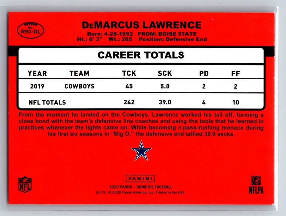 2020 Donruss DeMarcus Lawrence Retro 1990 Insert Dallas Cowboys #R90-DL ...