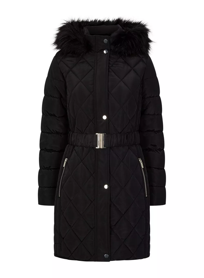 Ex Brand Womens Padded Long Jacket Quilted Belted Faux Fur Hooded ...