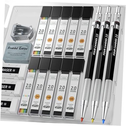 3PCS 2MM Mechanical Pencils with case, Artist Led Pencil Metal 17 Piece ...