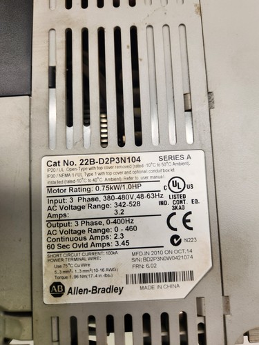 ALLEN BRADLEY 22B-D2P3N104 POWERFLEX 40 DRIVE USED | eBay