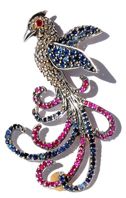 COLORFUL VINTAGE 14KT 5CT BLUE SAPPHIRE RUBY DIAMOND BRID BROOCH !!! | eBay